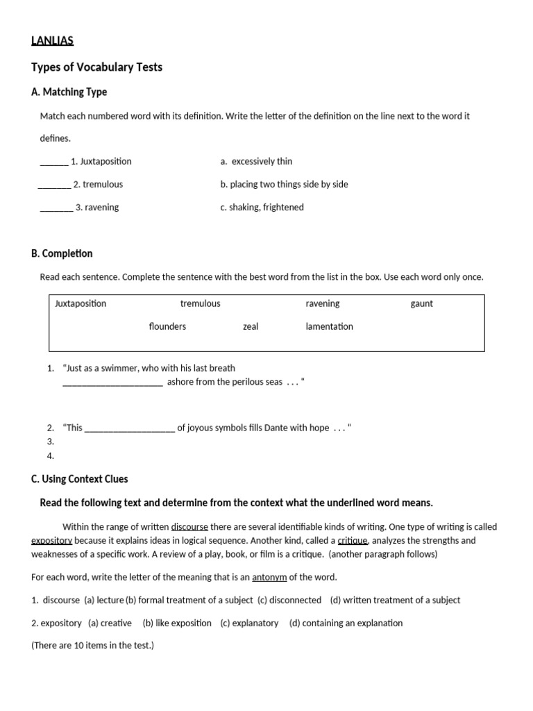 Types of Vocabulary Tests | PDF | Human Communication