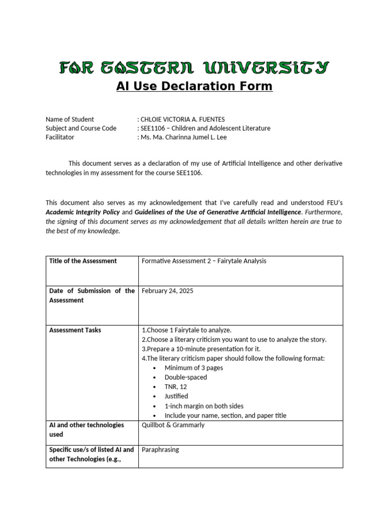 AI Use Declaration for SEE1106 | PDF