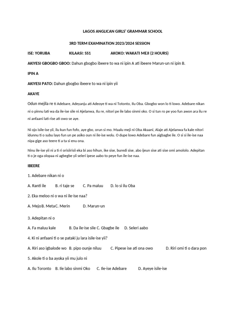Yoruba Ss1 Third Term 2024 | PDF