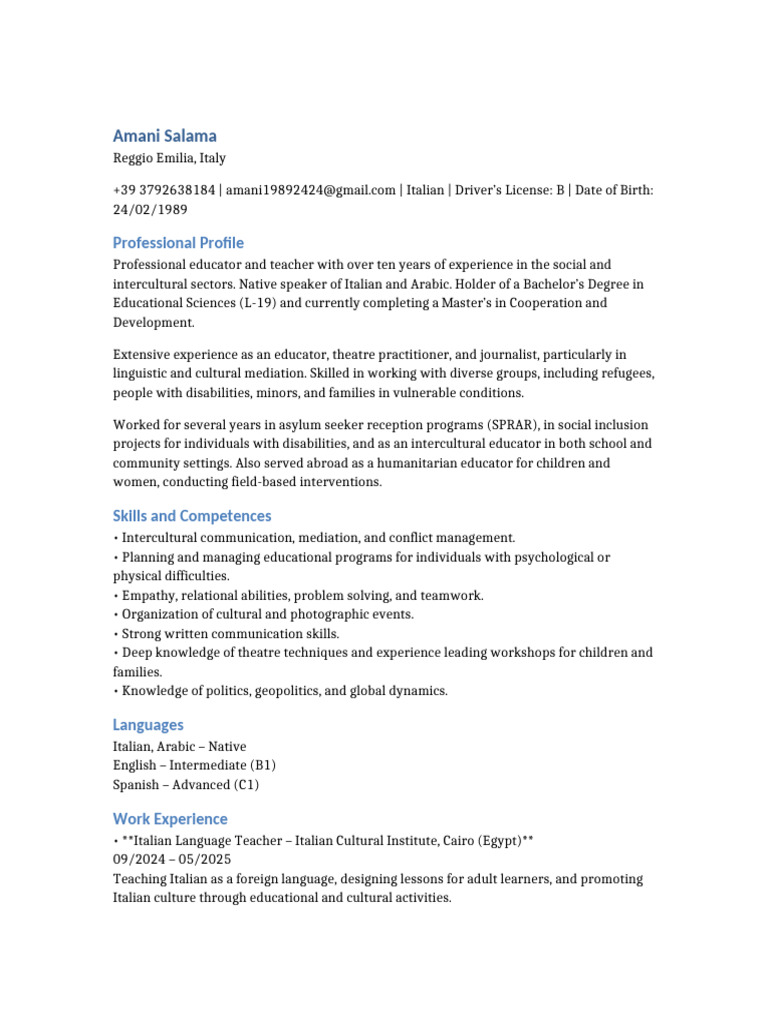 Amani Salama CV English | PDF | Teachers