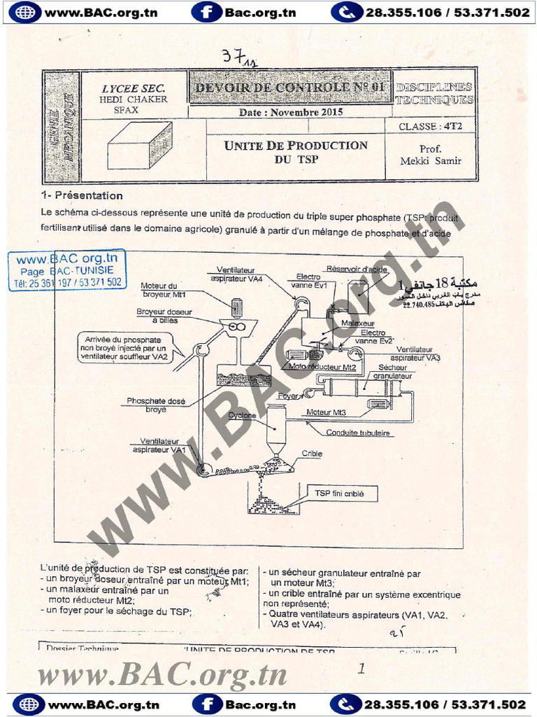 Devoir Contrôle N°1 Avec Correction - Mécanique - Bac Technique - Bac - Org.tn | PDF
