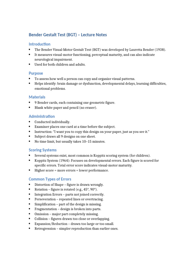 Bender Gestalt Test Lecture Notes Psychological Assessment | PDF ...