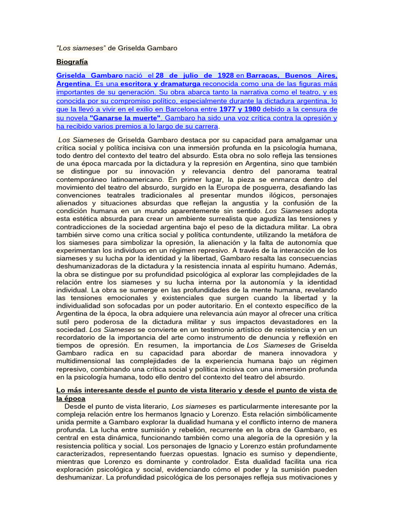 Los siameses de Gambaro: Crítica y Absurdo | PDF | Educación en artes ...