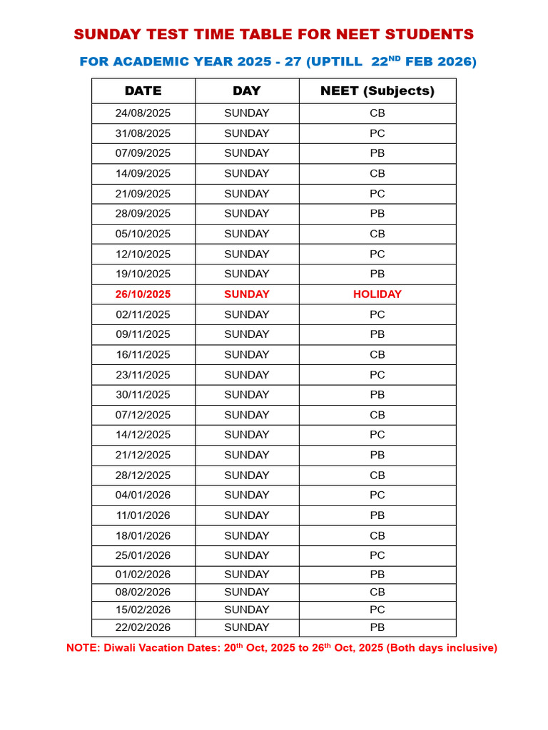 NEET Sunday Test Time Table 25-27 BATCH | PDF
