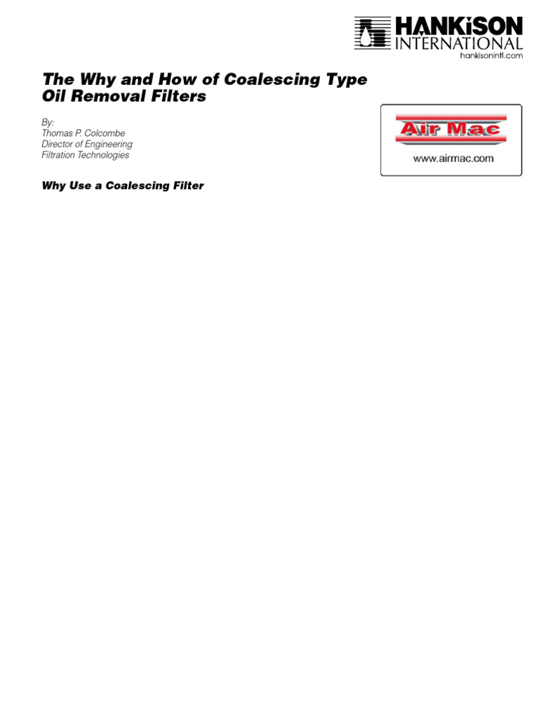 Coalescing Filters for Oil Removal | PDF | Aerosol | Filtration