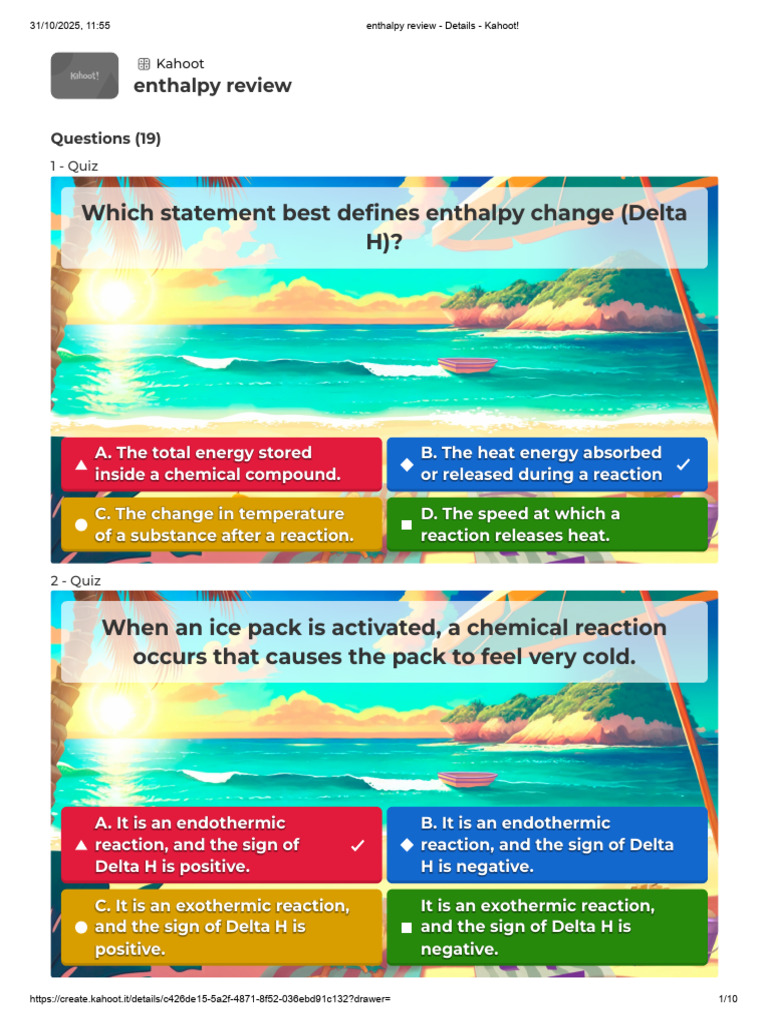 Enthalpy Review - Details - Kahoot! | PDF | Chemical Reactions | Enthalpy