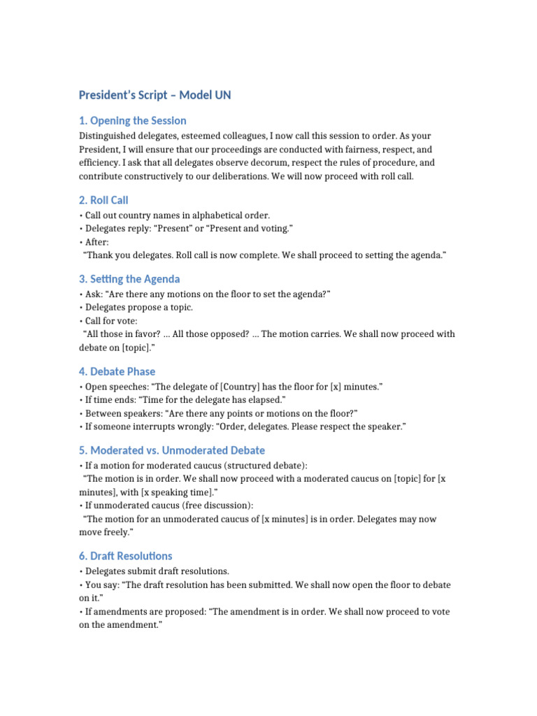 Presidents Script Model UN | PDF