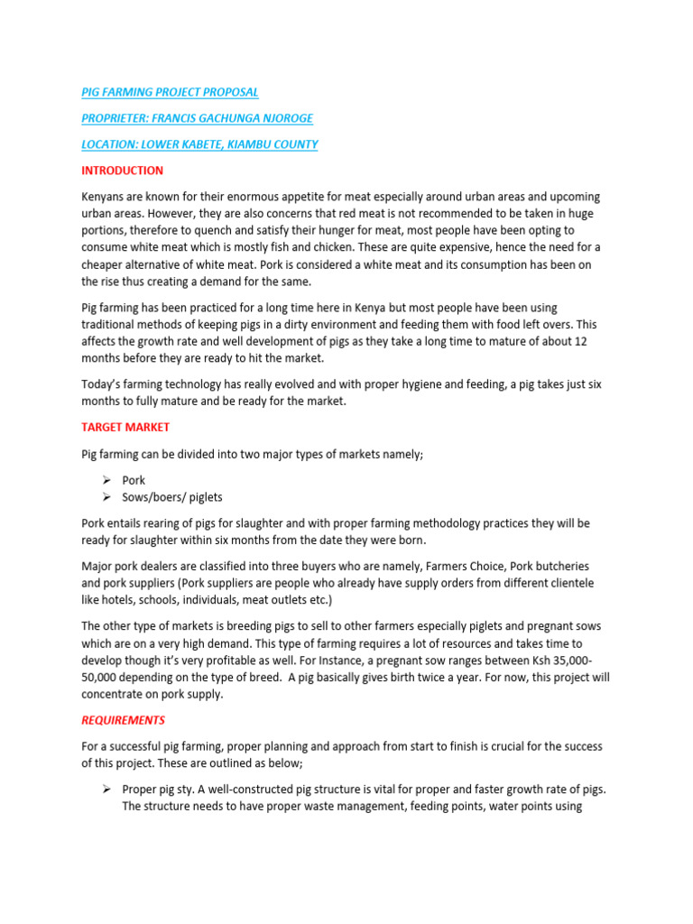 Pig Farming Project Proposal in Kenya | PDF | Pig | Meat