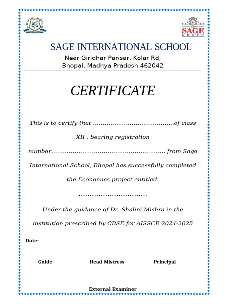 Economics Project Certificate Bhopal | PDF