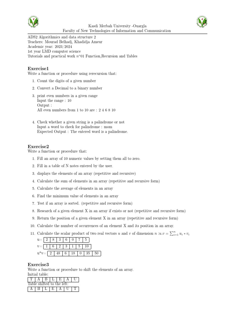 ADS 2 Tutorial and Practical Work N01 Function, Recursion and Tables | PDF | Matrix (Mathematics ...