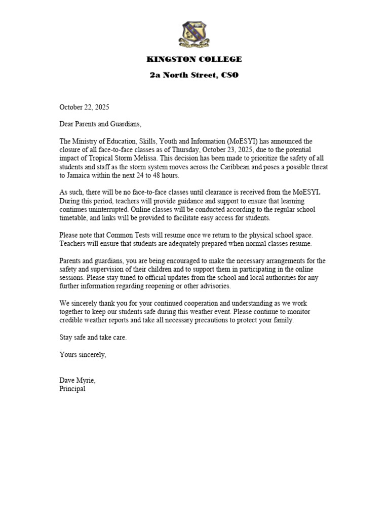 Kingston College Class Closure Notice | PDF