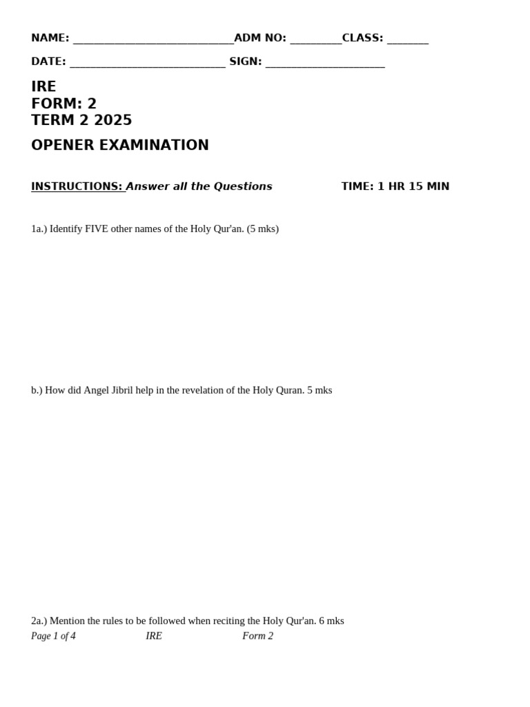 2025 Ire f2 Qs t2 Exam 1 Teacher - Co .Ke | PDF