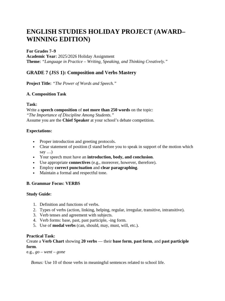 English Studies Holiday Project | PDF | Verb | Punctuation