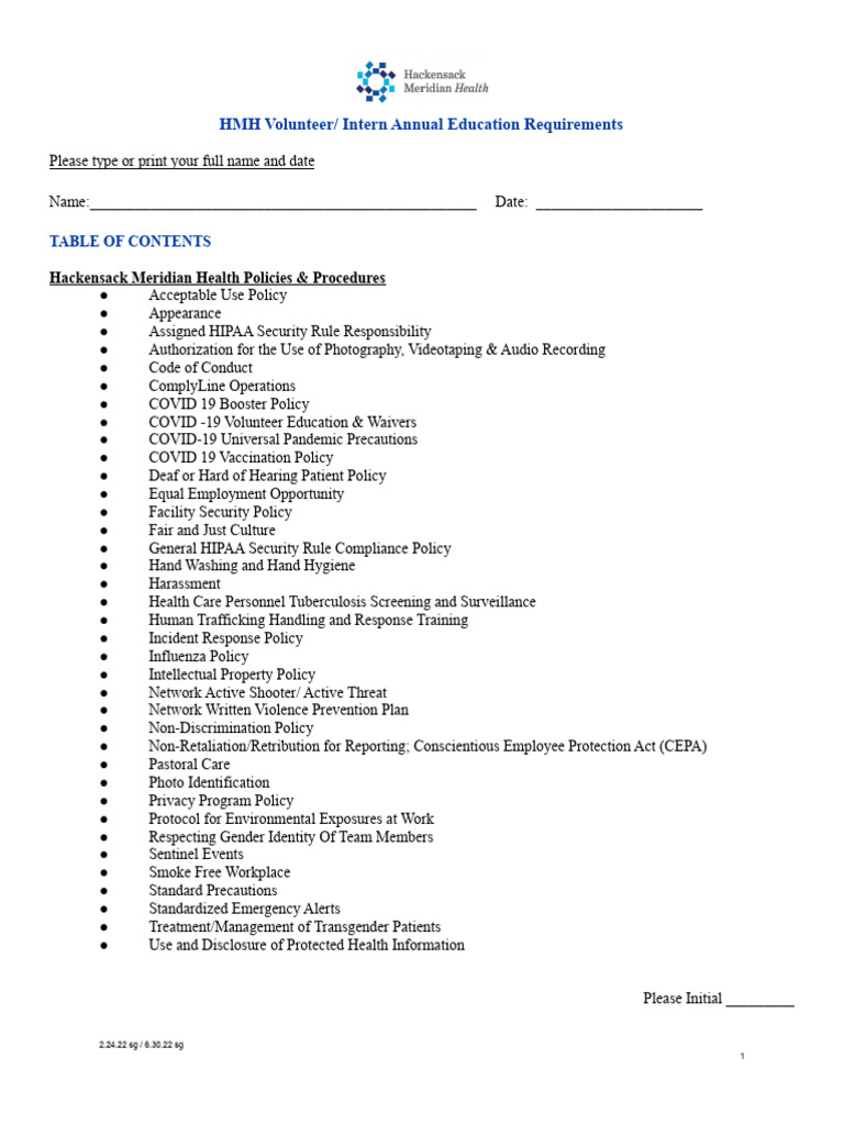 HMH Volunteer_Student Annual Education Requirement Signoff Sheet | PDF