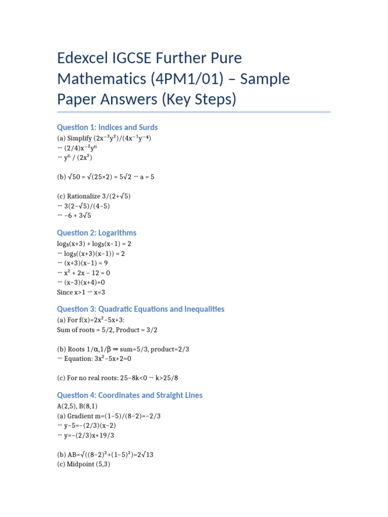 Further Pure Maths Sample Paper Answers KeySteps | PDF