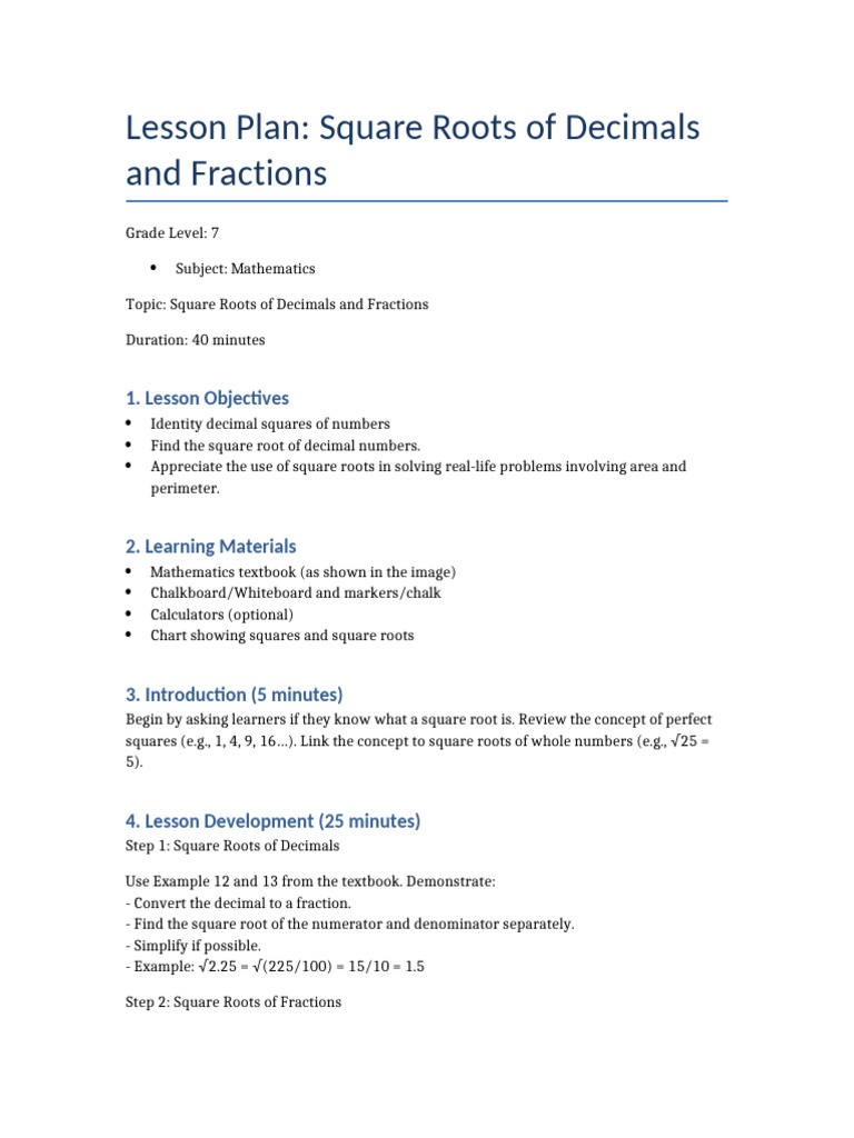 Lesson Plan Square Roots | PDF