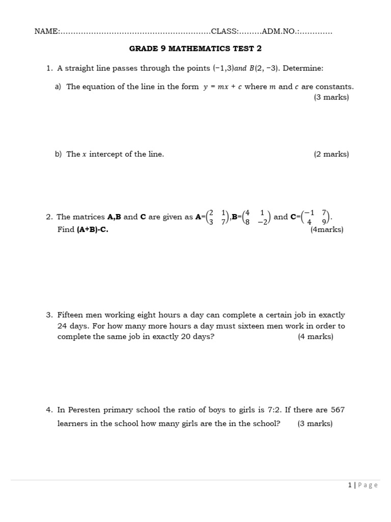Grade 9 Mathematics Test Questions | PDF