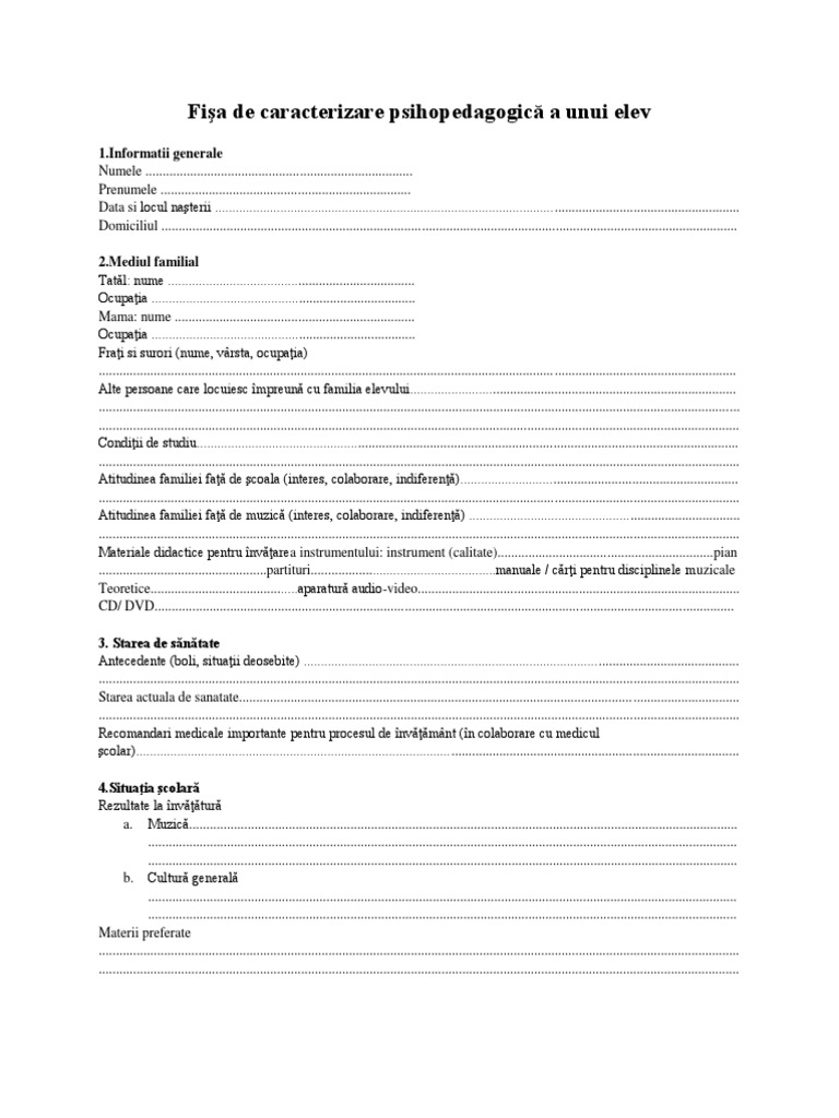 Fişa de Caracterizare Psihopedagogică A Unui Elev | PDF