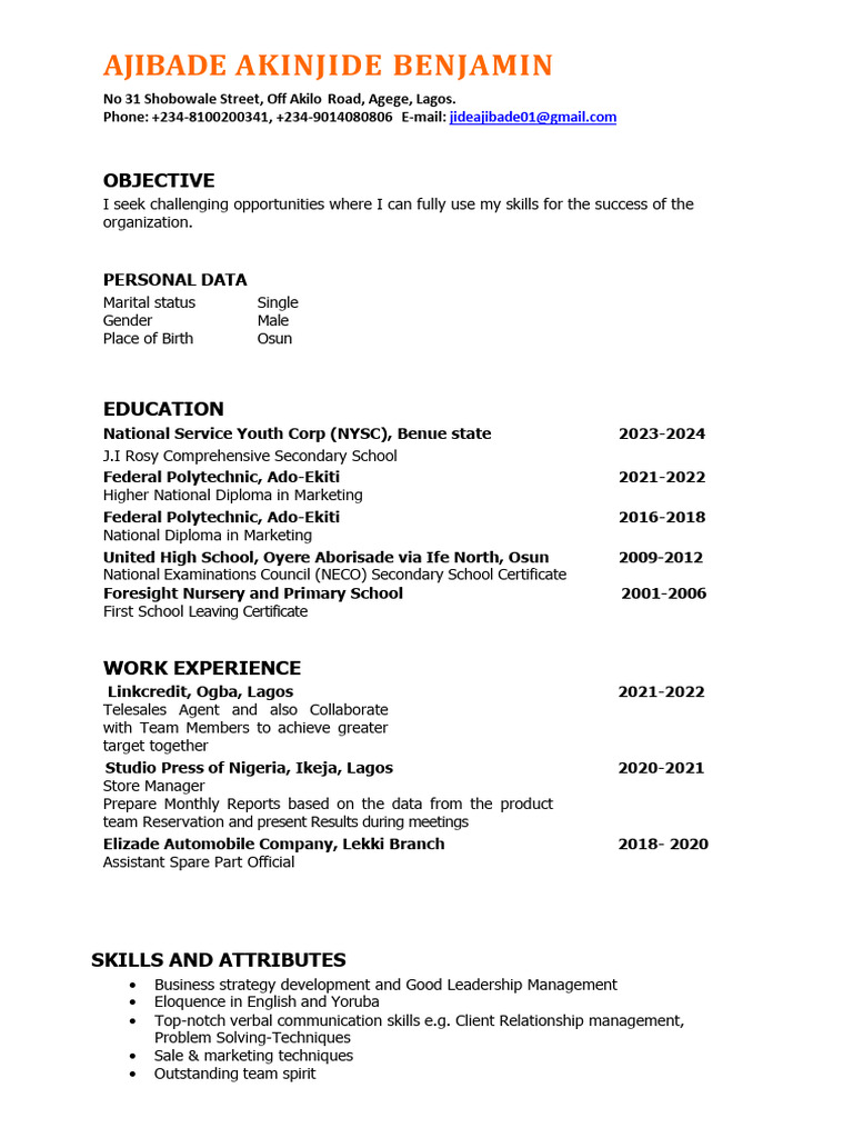 Ajibade Akinjide Benjamin CV - 035114 | PDF