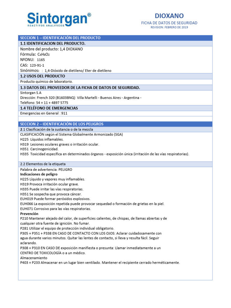 Dioxano Hoja de Seguridad | PDF | Combustión | Residuos peligrosos