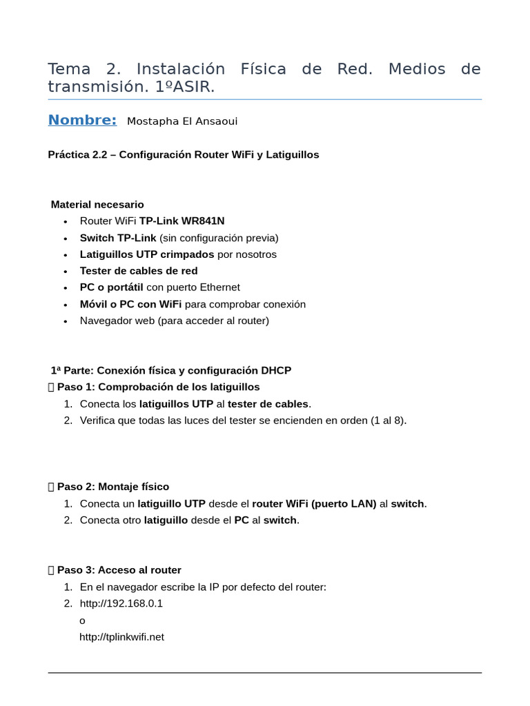 Configuración de Router y Latiguillos UTP | PDF | Dirección IP ...