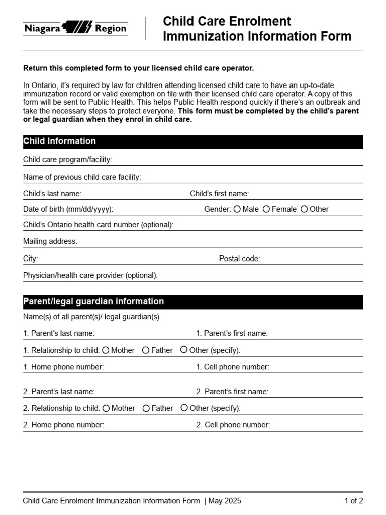 Child Care Immunization Form 2025 (HCC) | PDF | Child Care