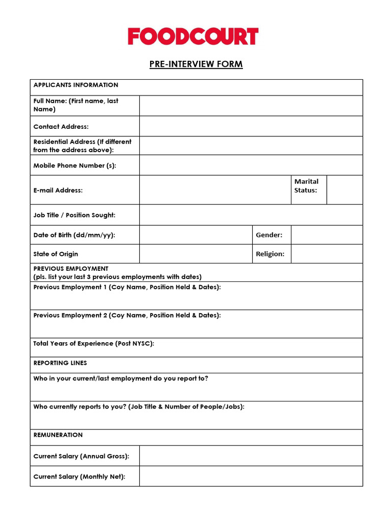 Pre-Interview Questionnaire Form | PDF
