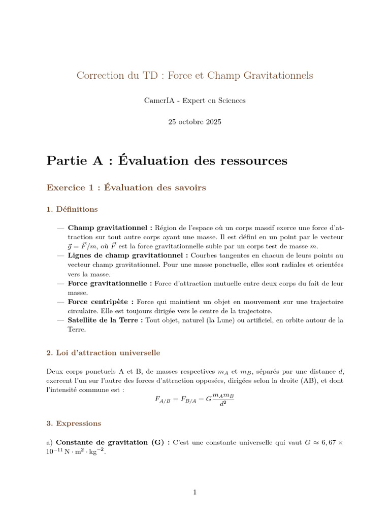 Corrigé Exercices Sur La Force Et Le Champ Gravitationnelle | PDF ...
