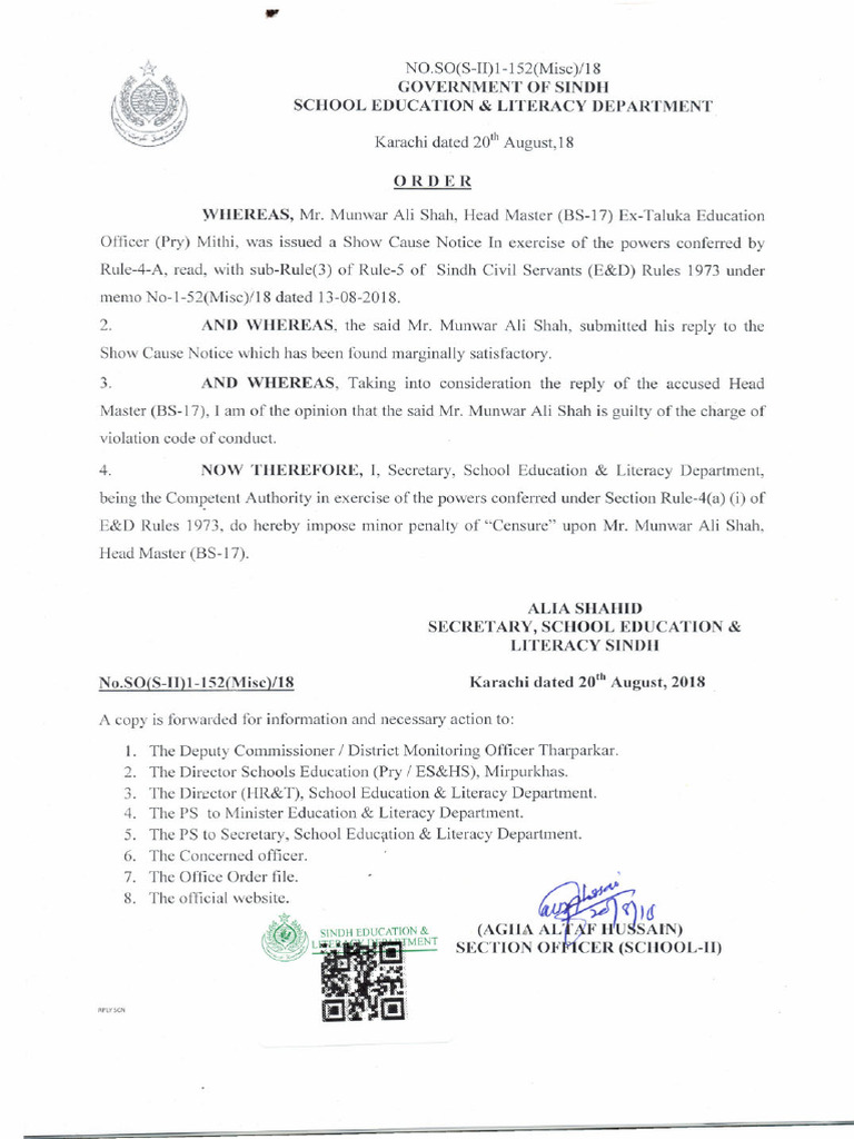 Order For Impose Minor Penalty of Censure Upon Mr. Munwar Ali Shah ...