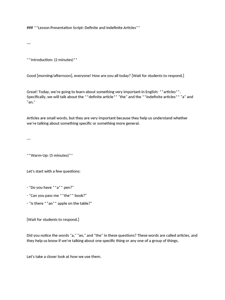 Teaching Definite & Indefinite Articles | PDF | Human Communication ...