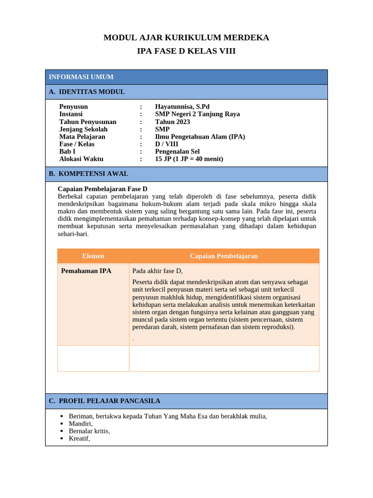 Modul Ajar IPA Kelas VIII: Pengenalan Sel | PDF