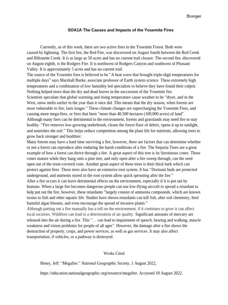SAVANNAH BRUNGER - SOA1A The Causes and Impacts of The Yosemite Fires ...