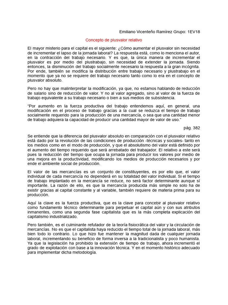Plusvalor Relativo: Aumento Sin Jornada | PDF | Capital (economía ...