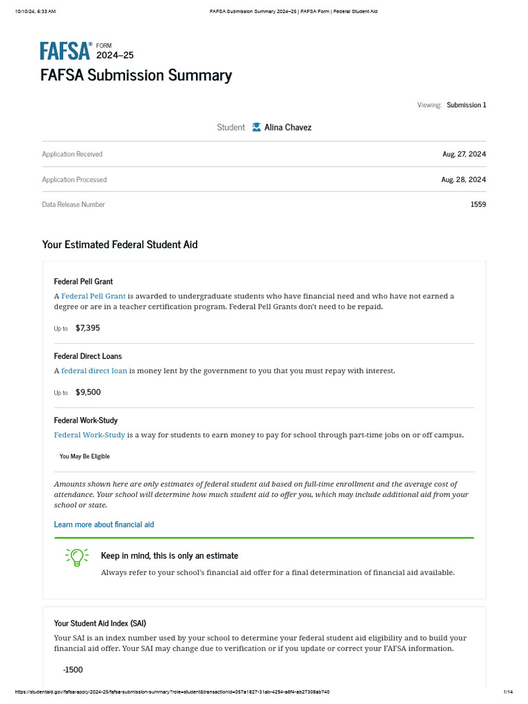 FAFSA Submission Summary 2024–25 FAFSA Form Federal Student Aid | PDF ...
