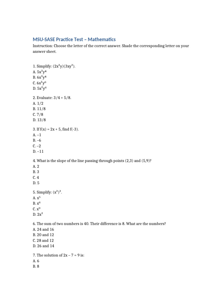 MSU-SASE Math Practice | PDF | Elementary Mathematics | Mathematical ...
