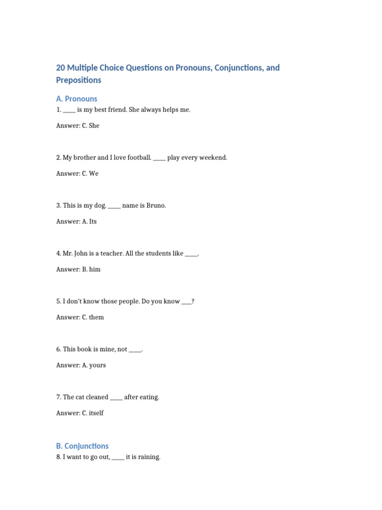 Pronouns, Conjunctions, Prepositions Quiz | PDF