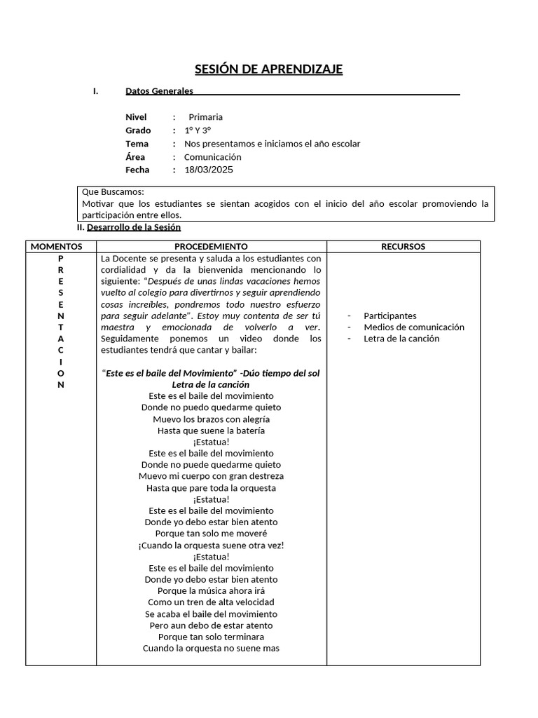 Sesion de Bienvenida 1 2 y 3 Primaria Comunicacion | PDF | Bailes