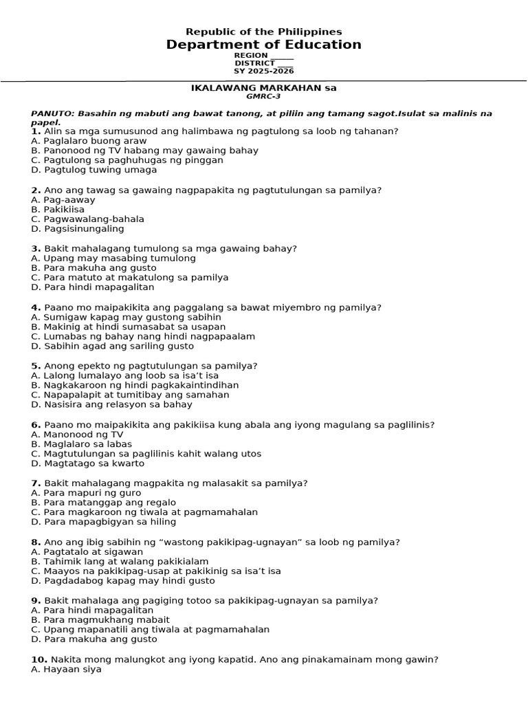 GMRC 3 (MATATAG) (T) - 2nd Periodical Test 2025-2026 | PDF