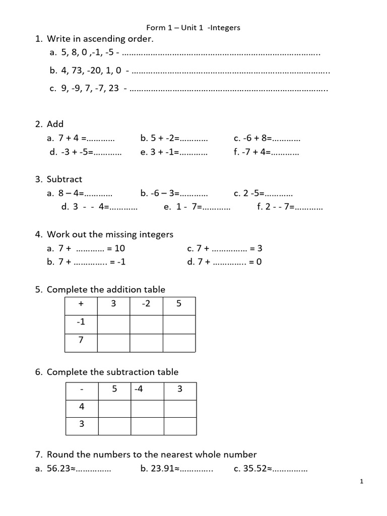 Unit 1 - Integers 1 | PDF