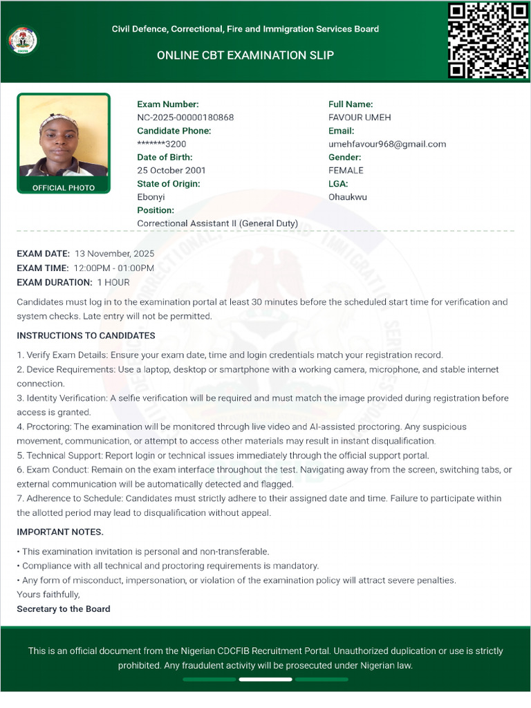 Favour Chioma Umeh Application Slip | PDF