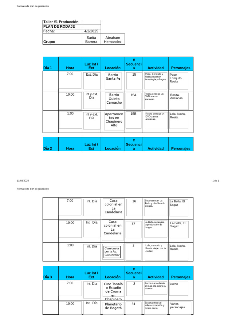 Plan de rodaje para producción audiovisual | PDF