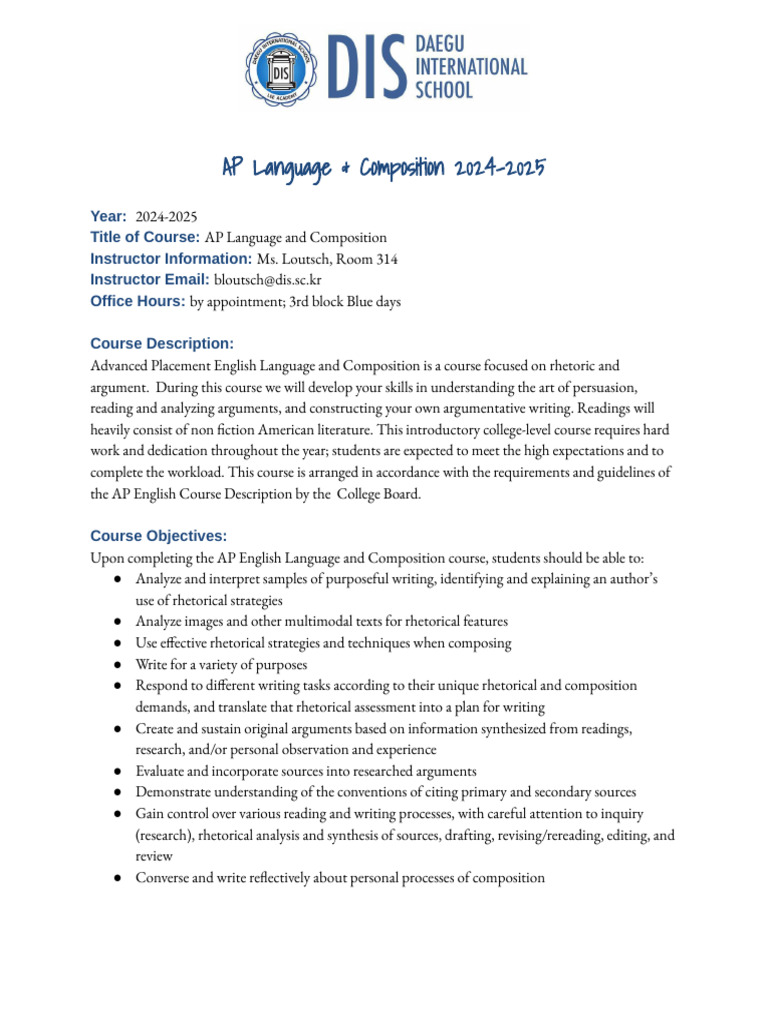 AP Language & Composition Syllabus 2024-25 | PDF | Educational ...