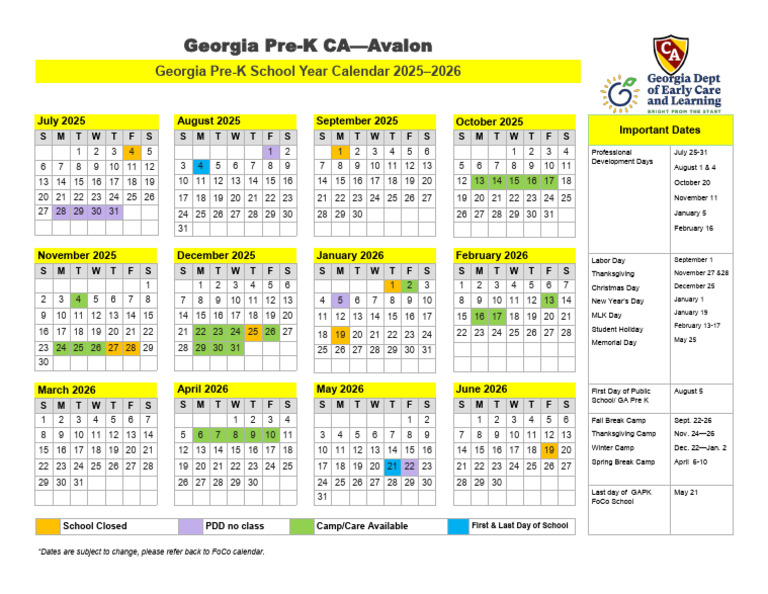 Georgia Pre-K Calendar 2025-2026 | PDF | Secular Holidays | Organized ...
