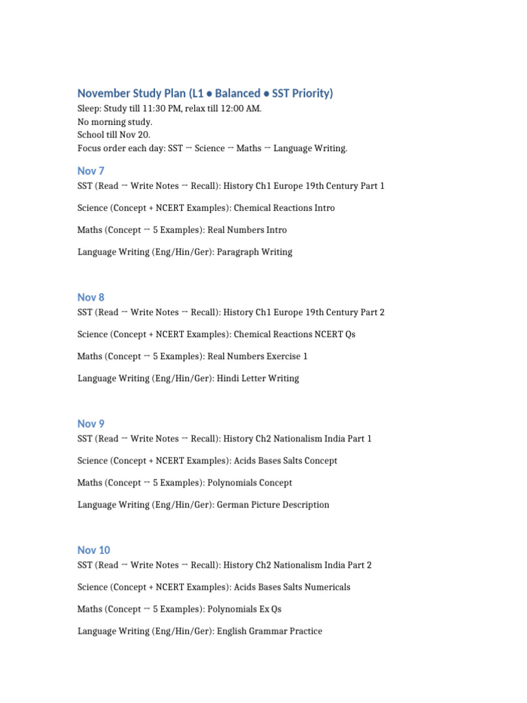 November Study Plan for SST Focus | PDF | Mathematics
