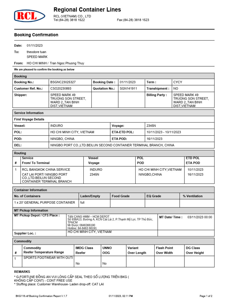 RCL Vietnam Booking Confirmation Report | PDF | Cargo | Supply Chain ...