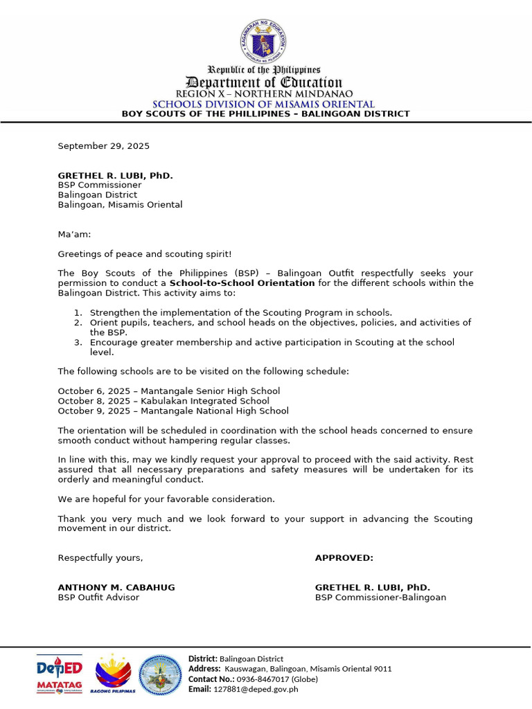 BSP Letter For Orientation | PDF