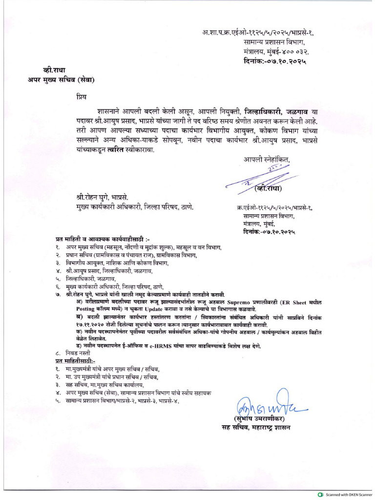 Shri. Rohan Ghuge, IAS Transfer Order Dt. 07.10.2025. | PDF