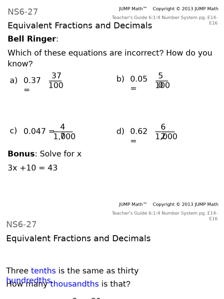 NS6-27 Equivalent Fractions and Decimals | PDF | Decimal | Numbers