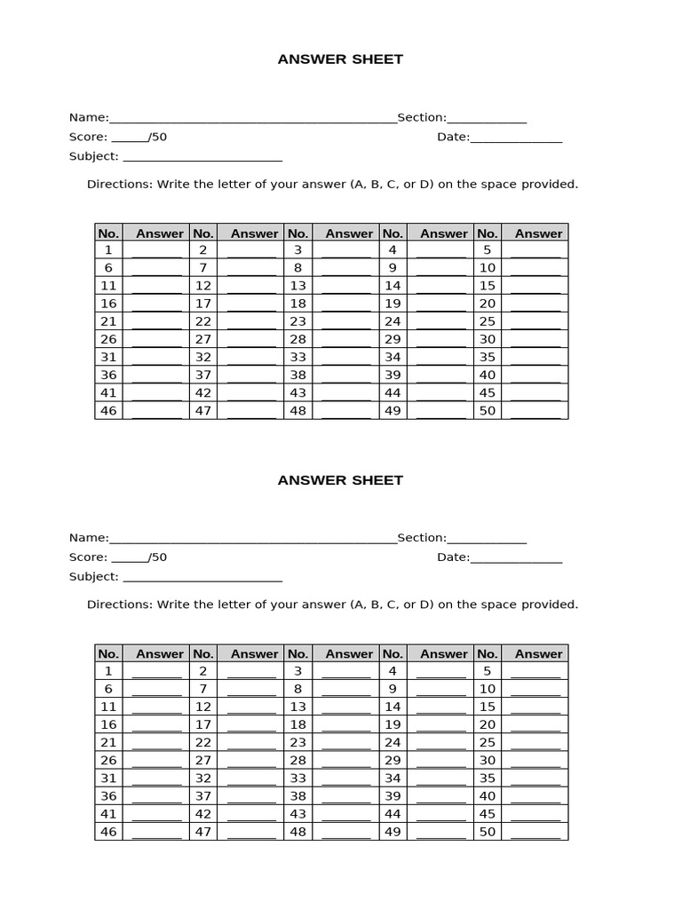 Answer Sheet Template 1-50 | PDF