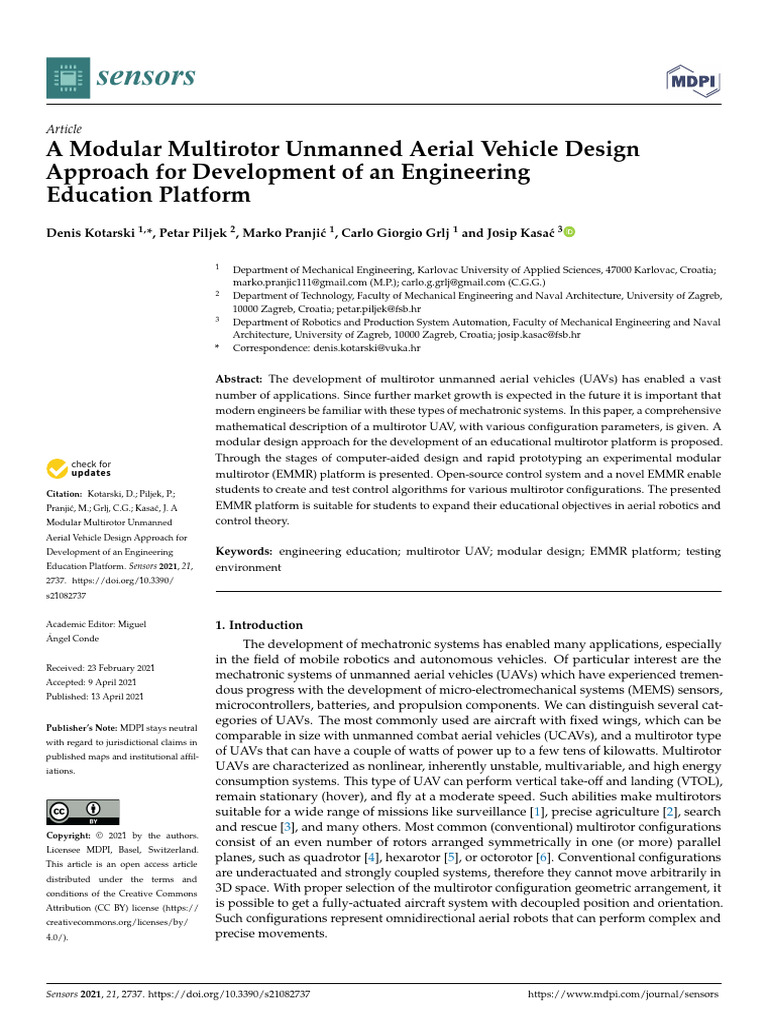 A Modular Multirotor Unmanned Aerial Vehicle Design Approach For Development of An Engineering ...